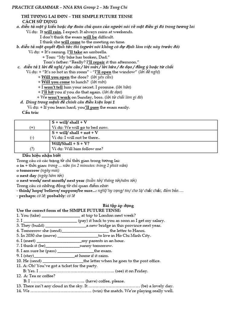 Simple Future Tense Grammar Guide | PDF | Perfect (Grammar) | Linguistics