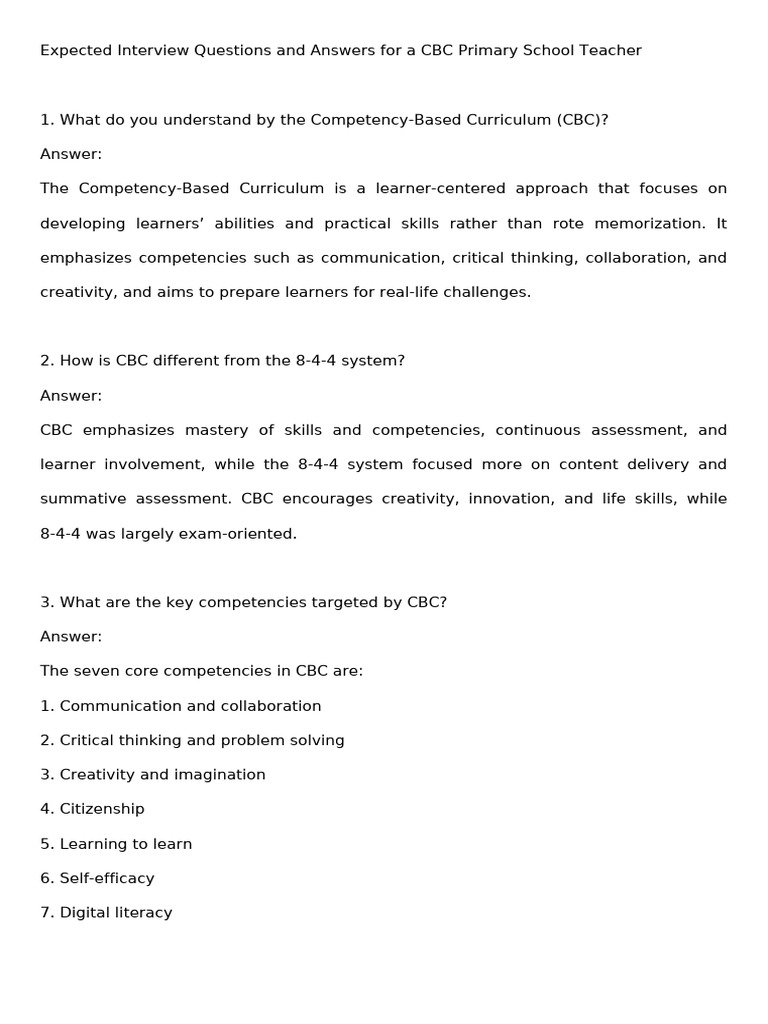 CBC Teacher Interview Questions | PDF | Educational Assessment | Learning