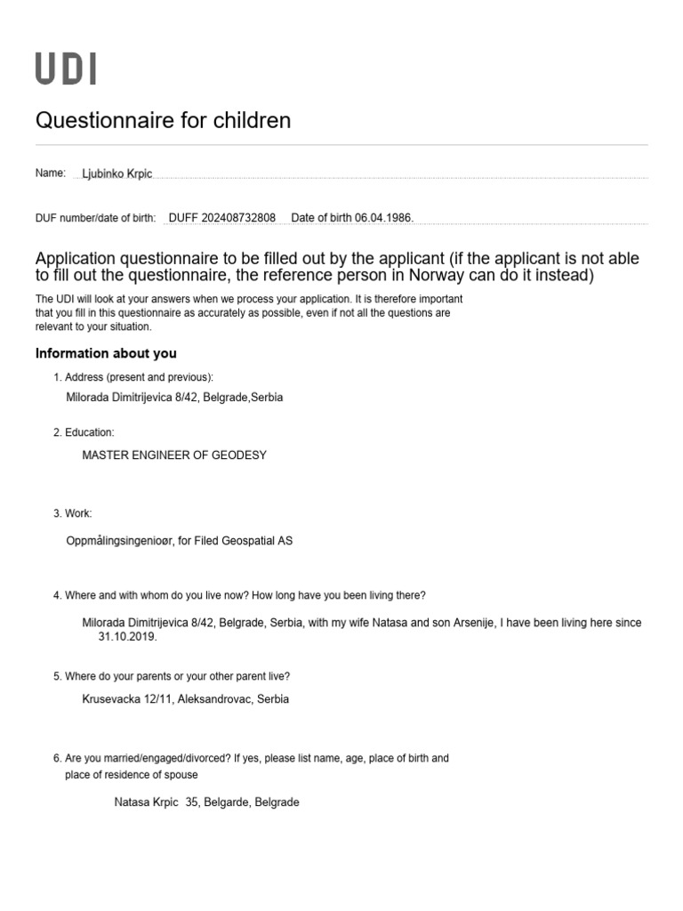 UDI Questionnaire for Children | PDF
