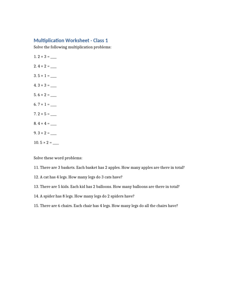 Multiplication Worksheet Class 1 | PDF