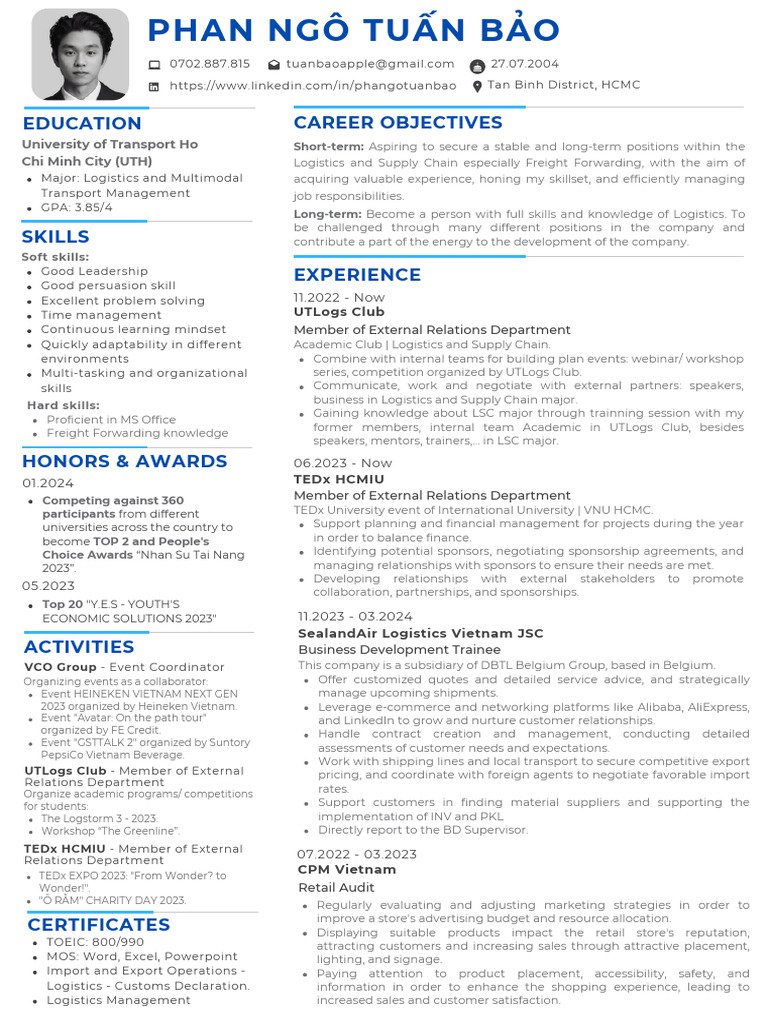 CV Phan Ngo Tuan Bao - 22H4030301 - QL22CLCJ | PDF | Logistics ...