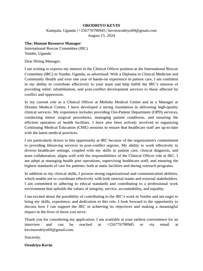 ORODRIYO KEVIN-Cover Letter Plus CV | PDF | Health Care | Medicine