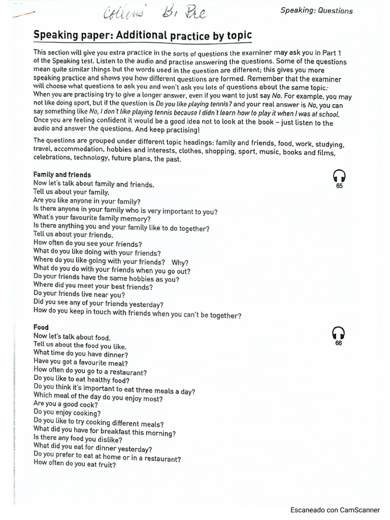 Speaking - Additional Practice by Topic. B1 Pre | PDF