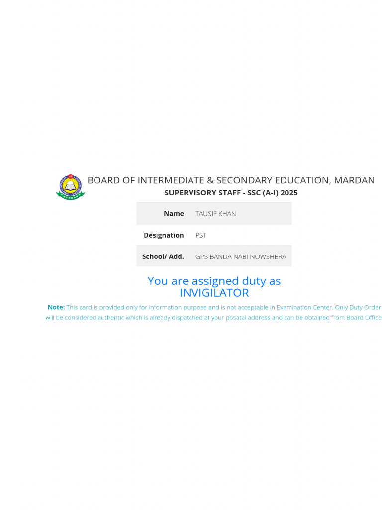 Staff Card Invigilator | PDF