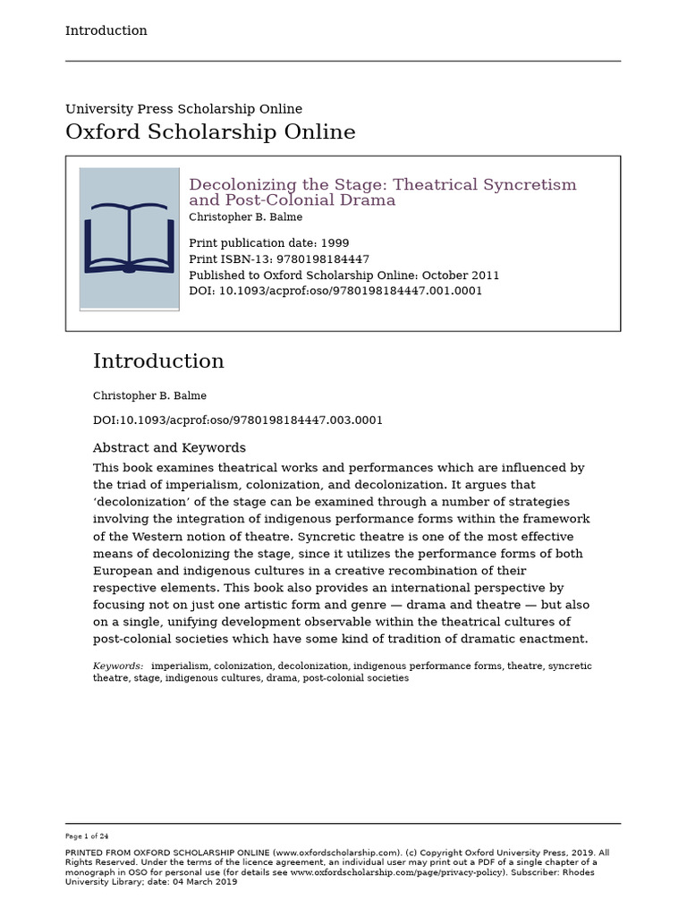 01 Christopher Balme - Introduction | PDF | Postcolonialism | Anthropology