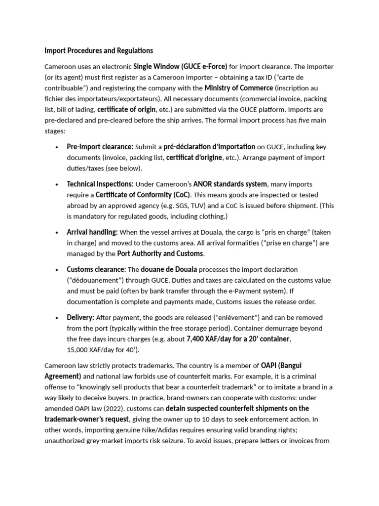 Cameroon Import Procedures Overview | PDF | Customs | Value Added Tax