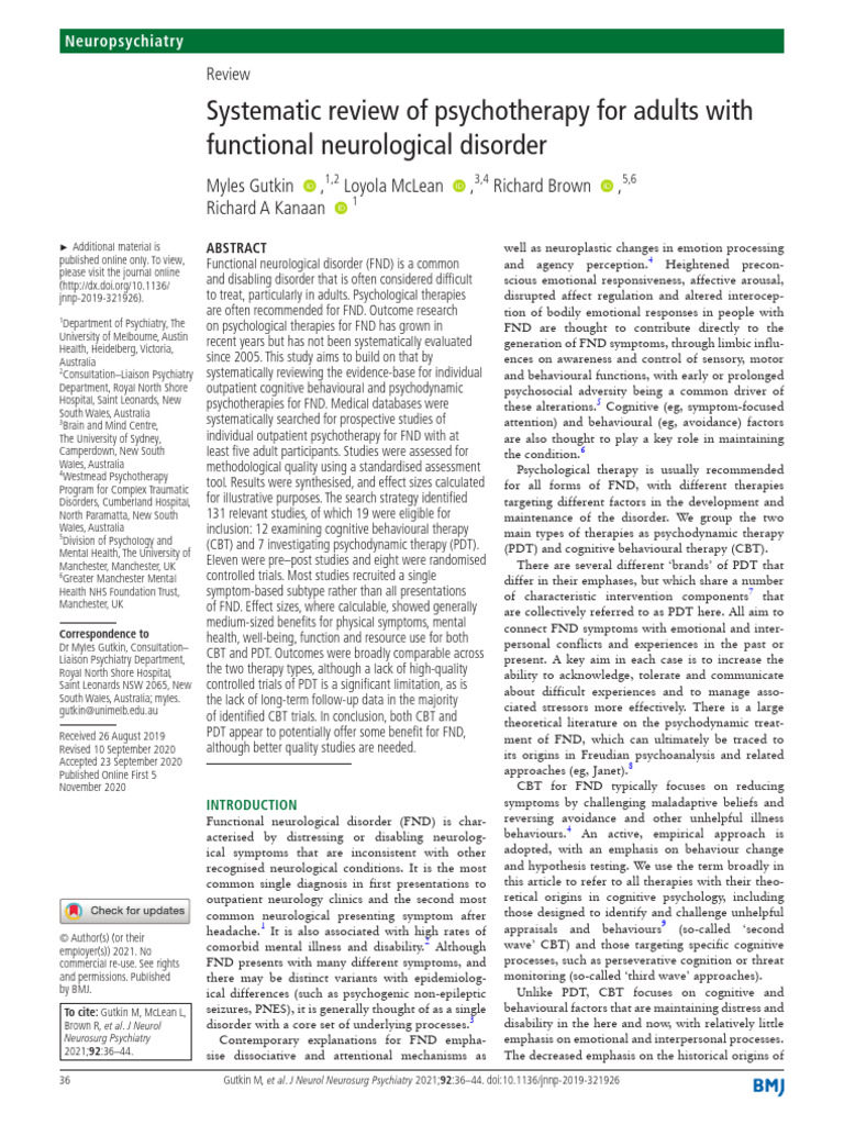 Systematic Review of Psychotherapy For Adults With Functional Neurological Disorder | PDF ...