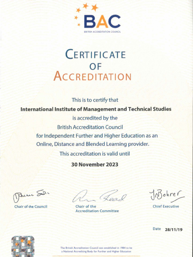 Iimt Bac Accreditation Certificate 2019 | PDF
