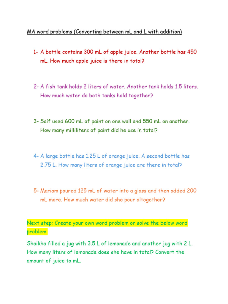 Volume Addition Word Problems in mL/L | PDF