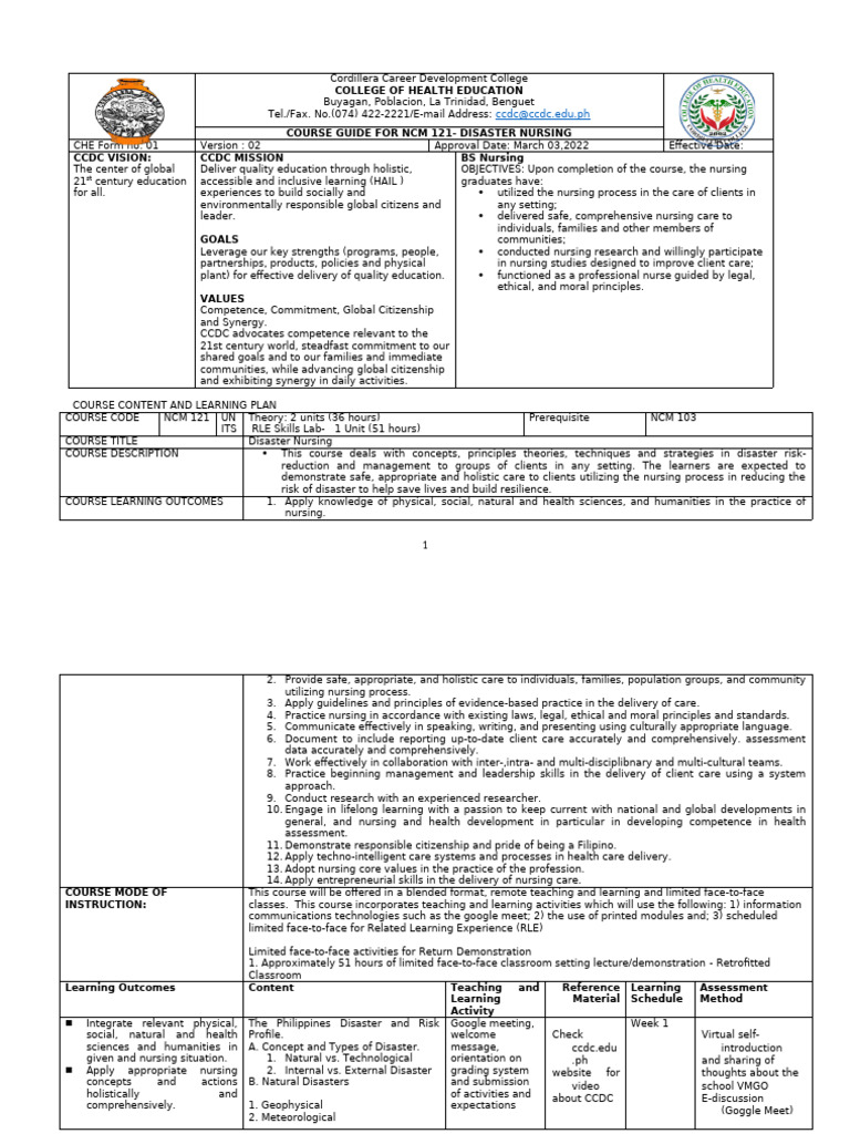 NCM 121 Course Guide: Disaster Nursing | PDF | Emergency Management ...