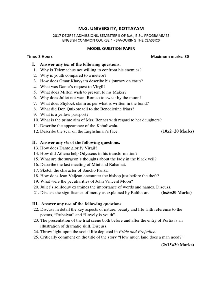 M.G. University B.A. English Model Paper | PDF