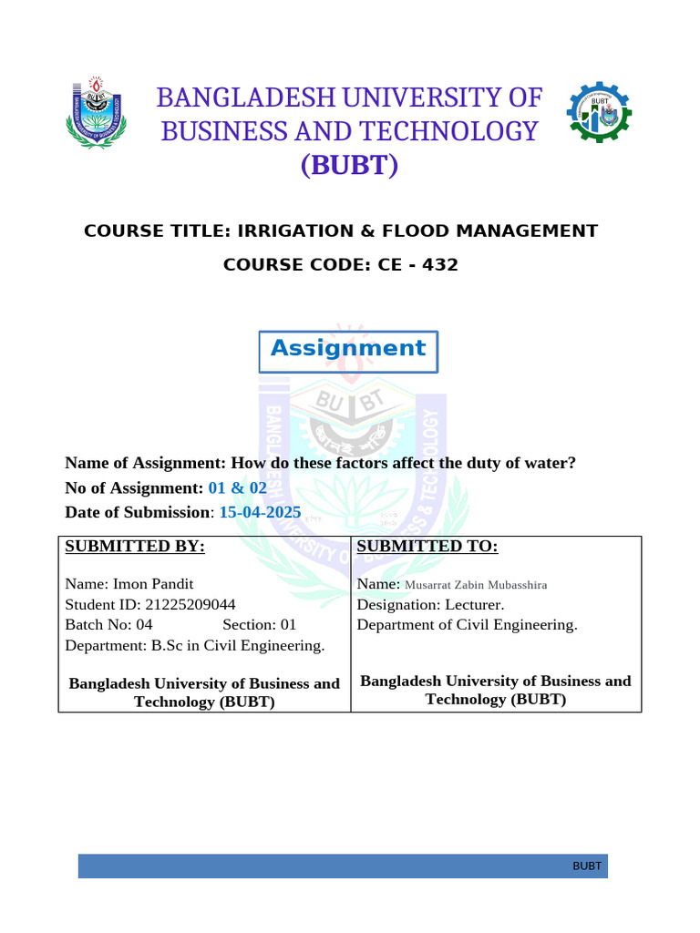 Cover Page For Lab Report Imon Pandit | PDF | Water | Irrigation