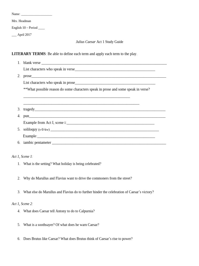 Julius Caesar Act 1 Study Guide | PDF | Julius Caesar | Roman Republic