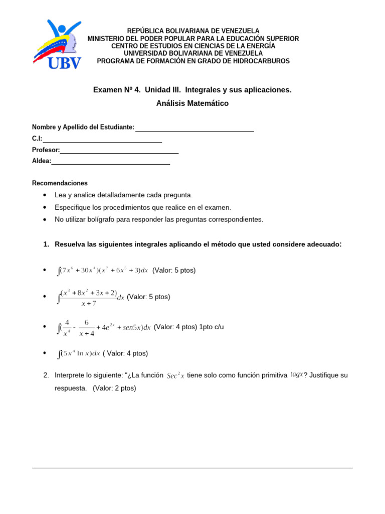 Examen de Integrales en Hidrocarburos | PDF