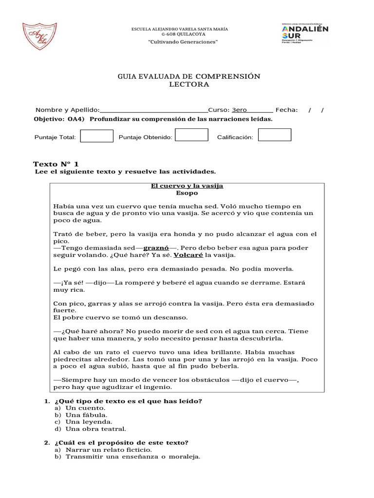 Guía de Comprensión Lectora para 3ero | PDF