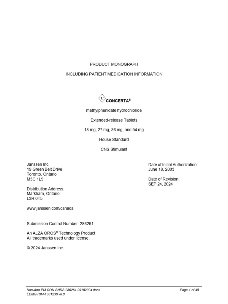 Concerta Product Monograph Overview | PDF | Attention Deficit ...