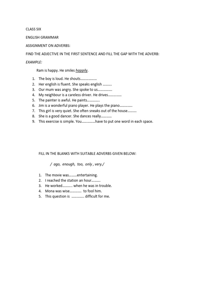Adverb Assignment for Class Six | PDF