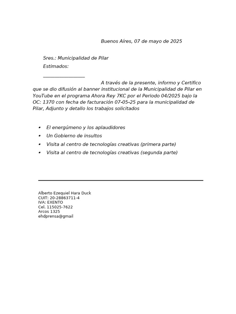 Carta de Certificacion Por Trabajos - Abril - 2025 | PDF