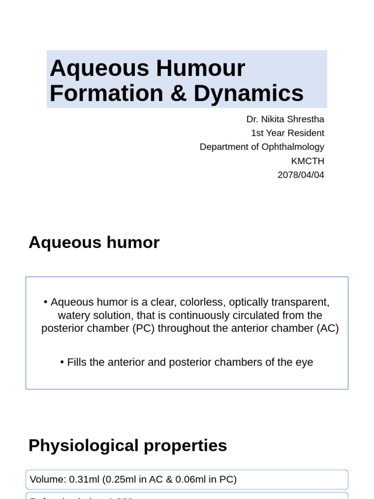 Aqueous Humour Formation & Dynamics | PDF