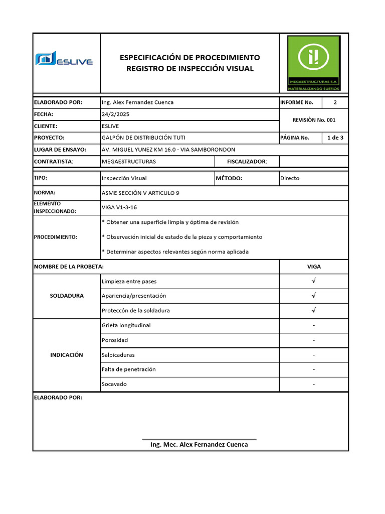 Especificación de Procedimiento Registro de Inspección Visual | PDF | Ingeniería mecánica ...