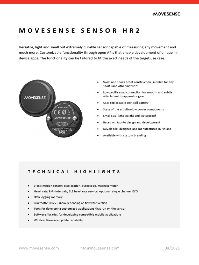 Movesense Sensor HR2 Spec Sheet | PDF | Computing | Computer Hardware
