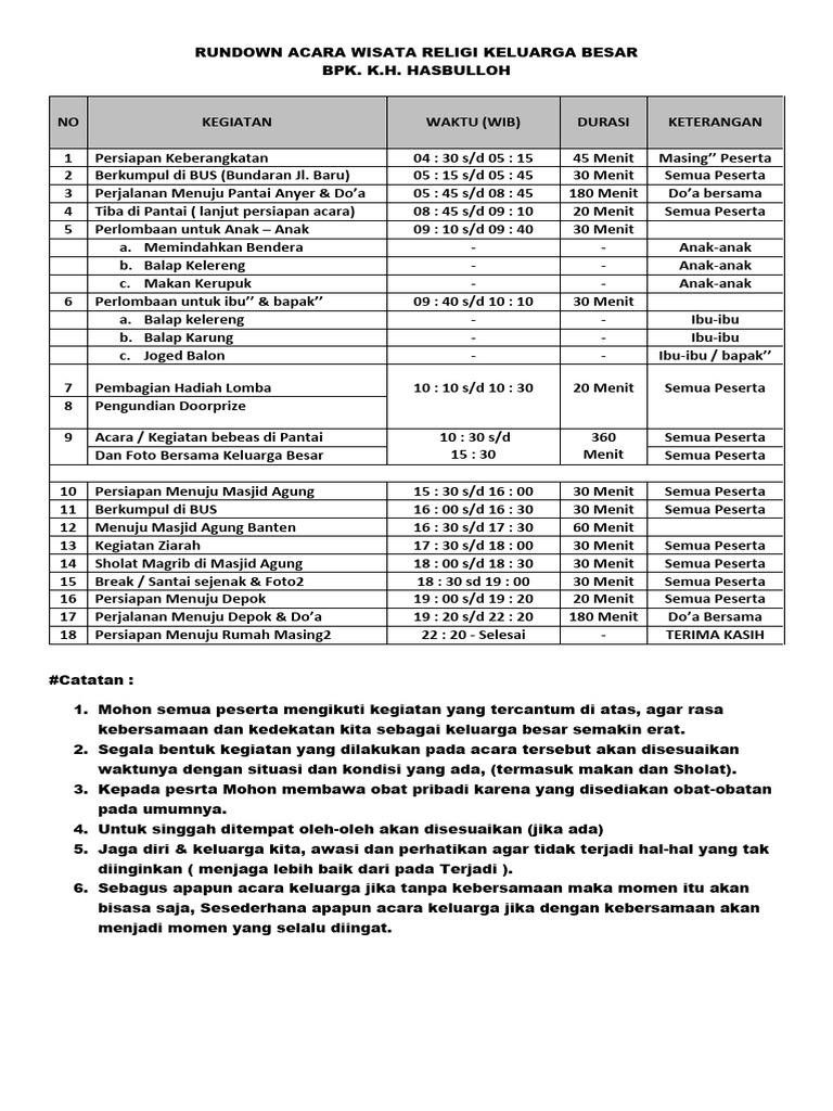 Rundown Acara Wisata Religi Keluarga Besar | PDF