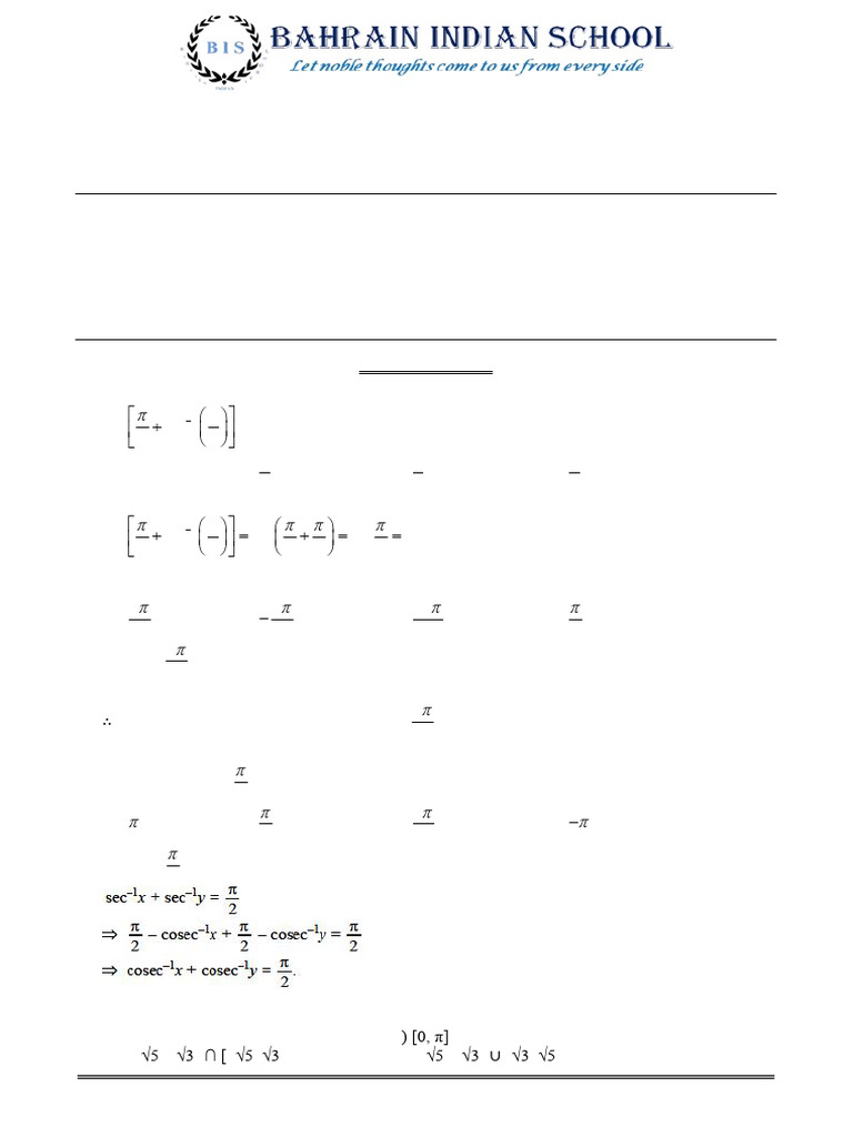Maths Class Xii Chapter 02 Inverse Trigonometric Functions Practice ...