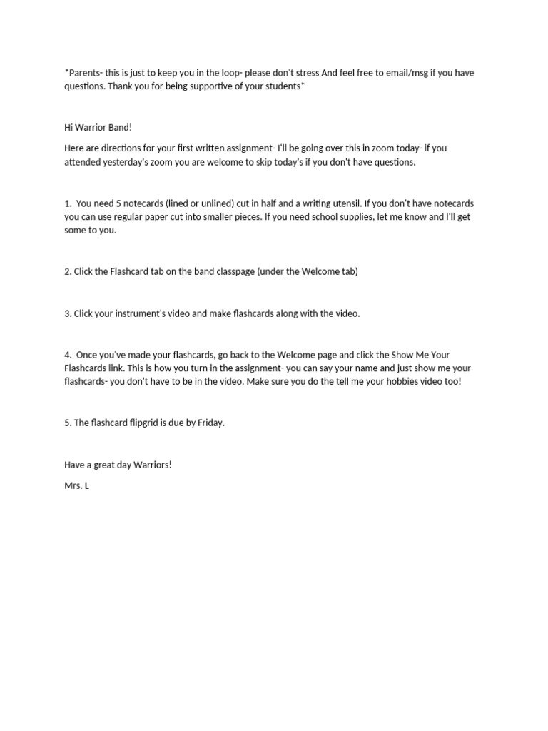 Warrior Band Flashcard Assignment Guide Pdf