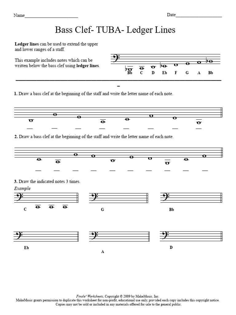 TUBA Bass Clef Ledger Line Worksheet | PDF | Harmony | Musical Compositions