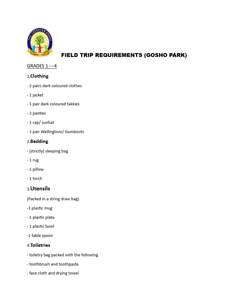 Field Trip Requirements Grades 1-4 | PDF