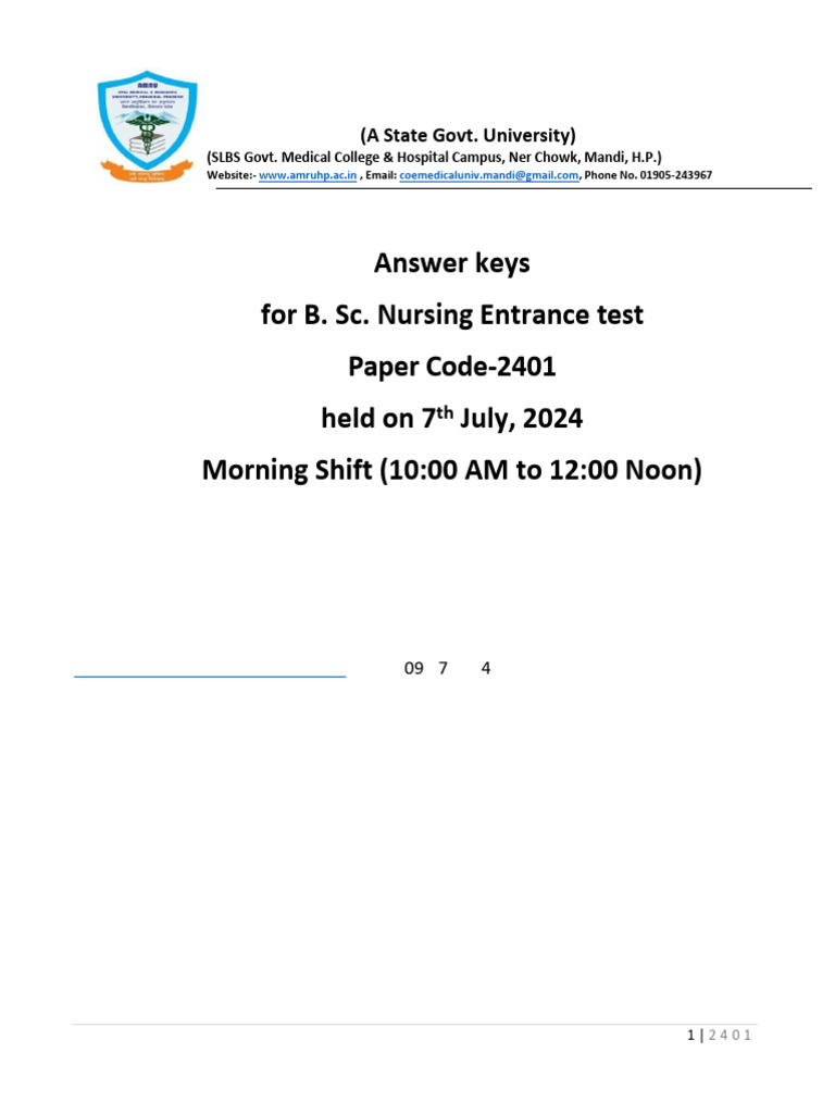Answer Keys For B. Sc. Nursing Entrance Test Paper Code 2401 | PDF ...