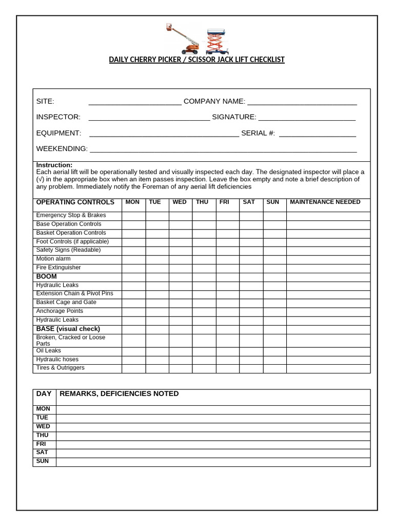 Daily Cherry Picker Checklist | PDF