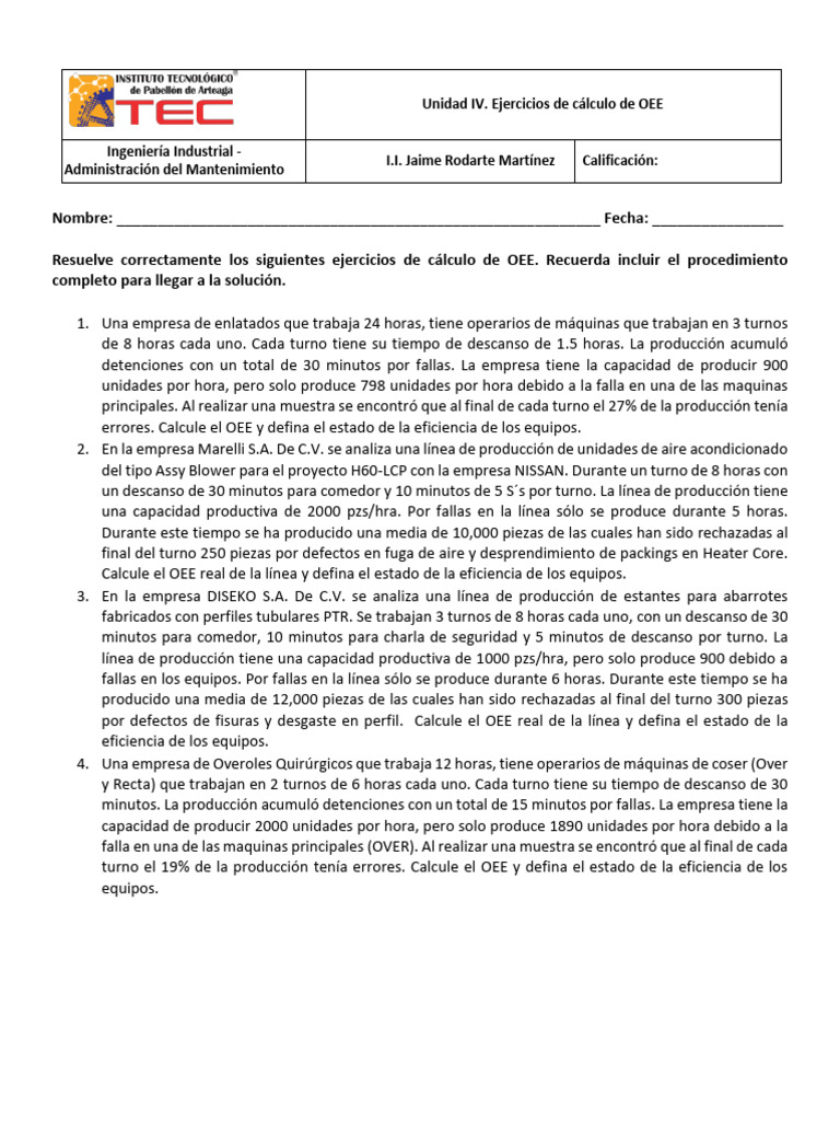 Ejercicios OEE | PDF | Sector secundario de la economía | Producción y fabricación