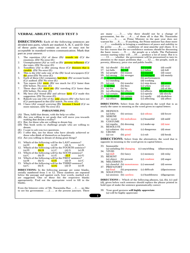Verbal Ability Speed Test 3 | PDF | Mind | Psychology
