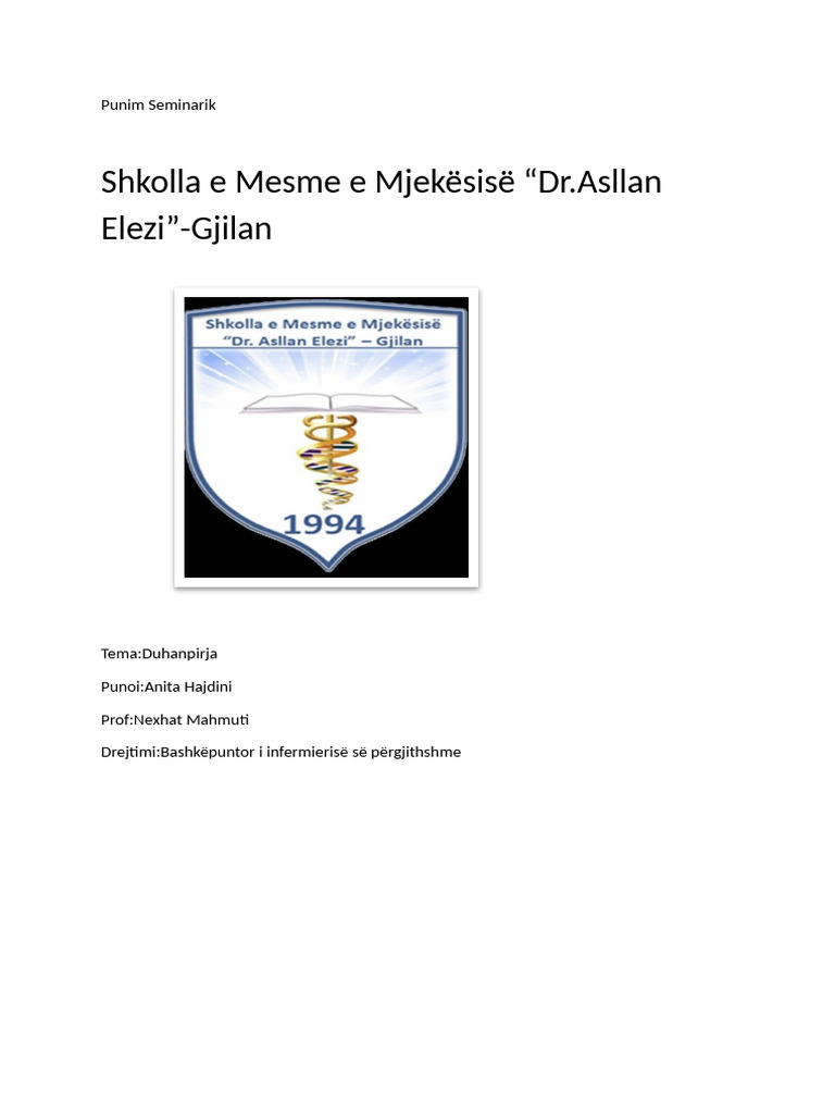 Shkolla e Mesme e Mjekësisë "DR - Asllan Elezi"-Gjilan: Punim Seminarik ...