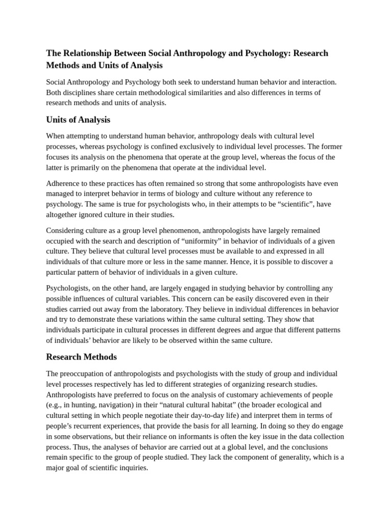 The Relationship Between Social Anthropology and Psychology | PDF ...