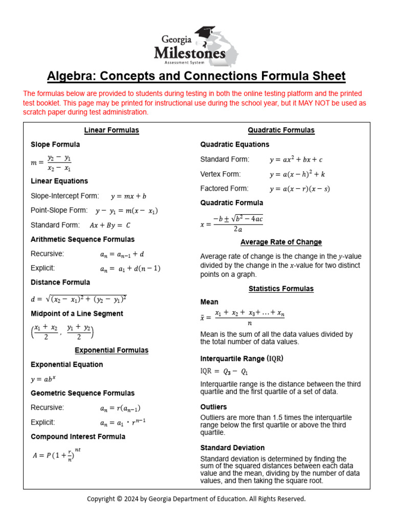 Algebra C&C - Formula Sheet | PDF | Quartile | Mean