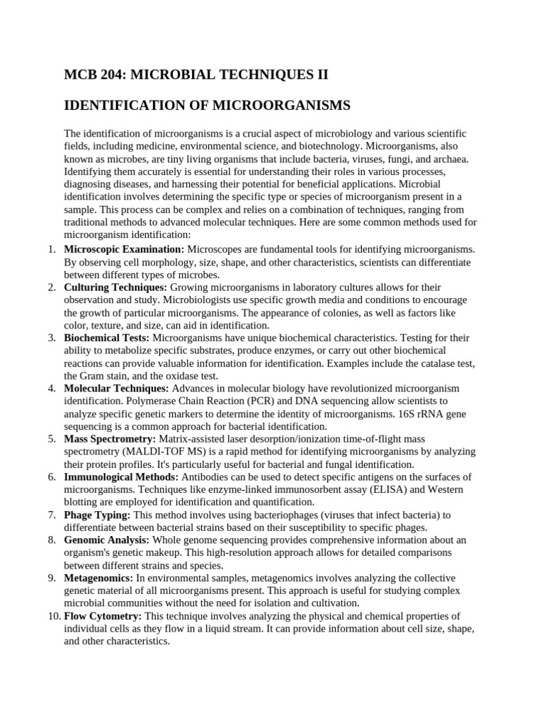 Microorganism Identification Techniques | PDF | Microorganism | Bacteria