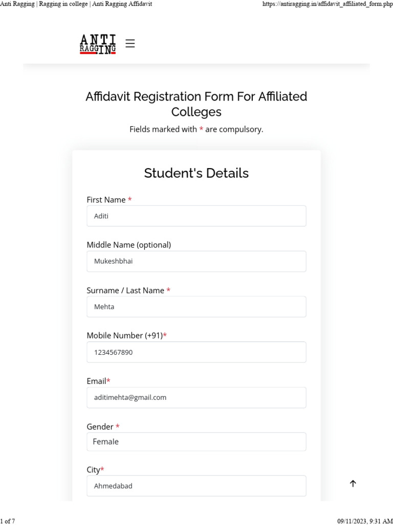 Anti Ragging Ragging in College Anti Ragging Affidavit | PDF | Human ...