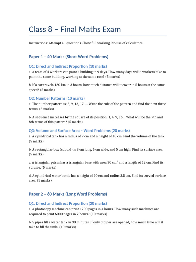 Class 8 Maths Exam: Proportions & Geometry | PDF