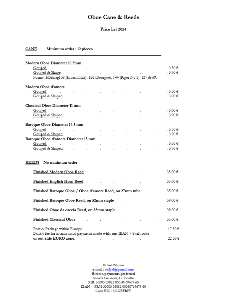 Oboe Cane Price List 2024 SG | PDF | Oboe | Reed Aerophones