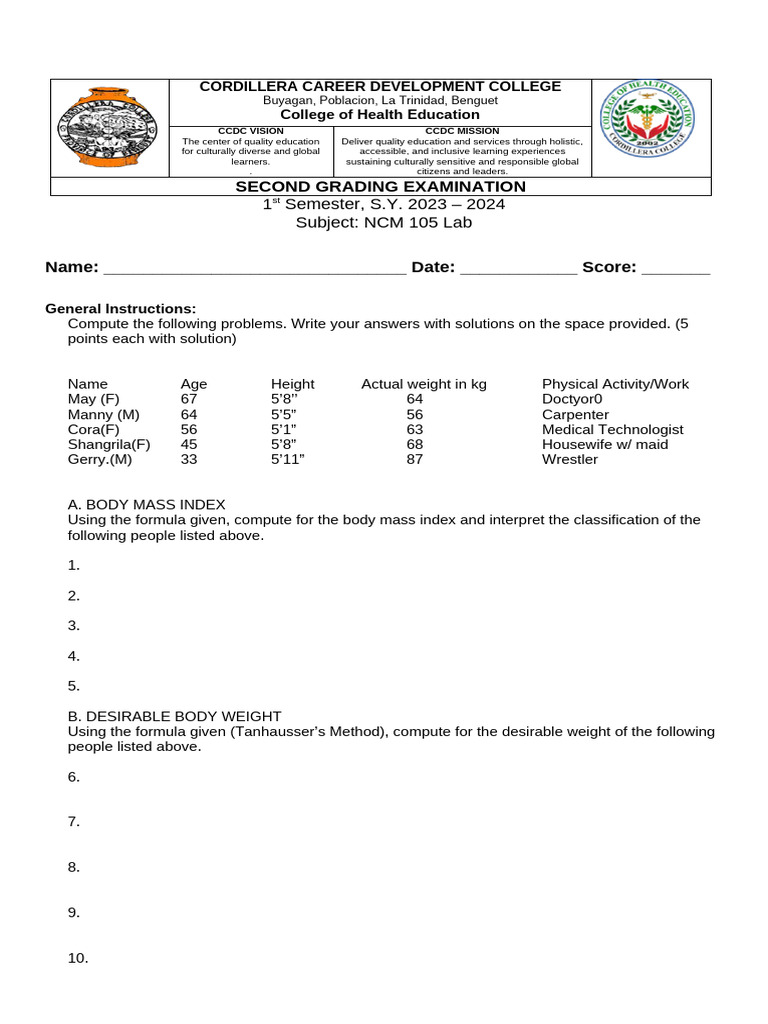 NCM 105 LAB Second Grading Exam | PDF | Milk | Nutrition