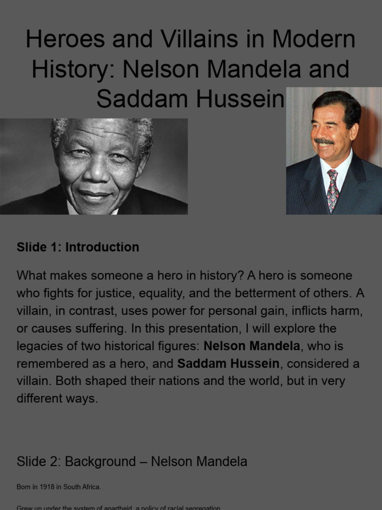 Heroes and Villains in Modern History - Nelson Mandela and Saddam Hussein | PDF | Saddam Hussein ...