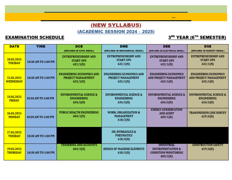 6th Semester Examination, May - 2025 - Exam Schedule | PDF ...