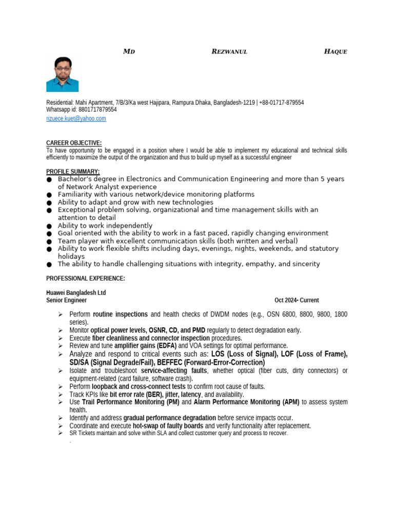 Resume MD Rezwanul Haque | PDF | Wavelength Division Multiplexing | Telecommunications