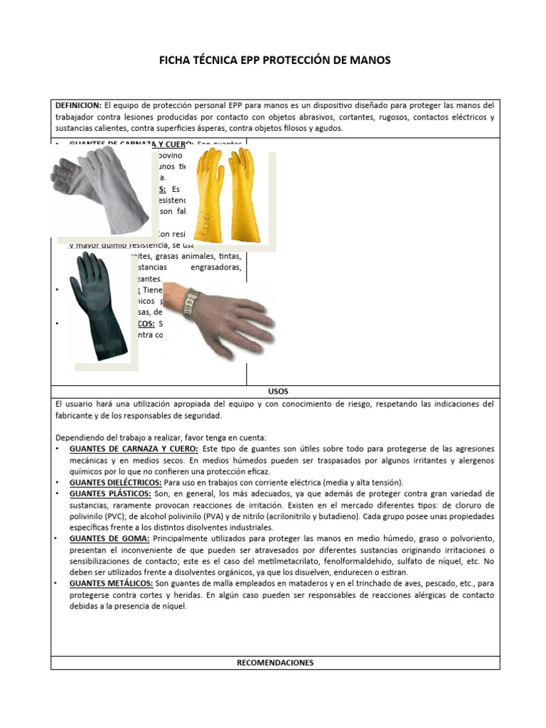 Ficha Tecnica Epp Proteccion de Manos | PDF | Guante | Sustancias químicas