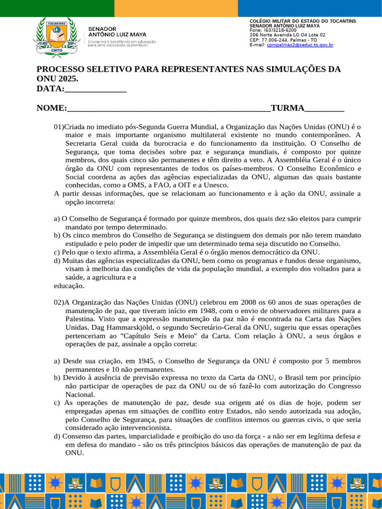 Simulações da ONU 2025: Processo Seletivo | PDF | Nações Unidas ...