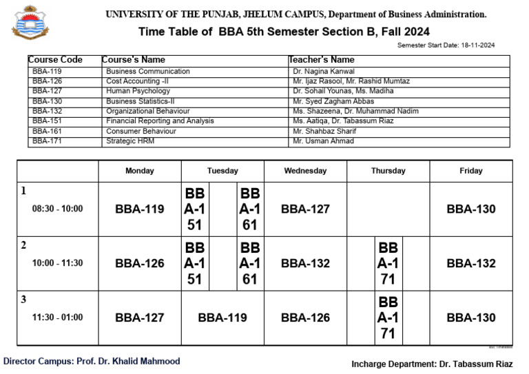 BBA 5th Semester Timetable Fall 2024 | PDF