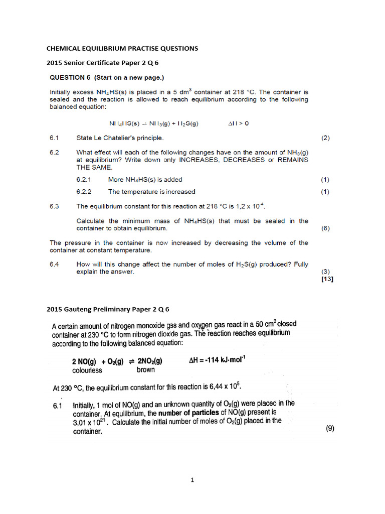 Chemical Equilibrium Practise Questions | PDF