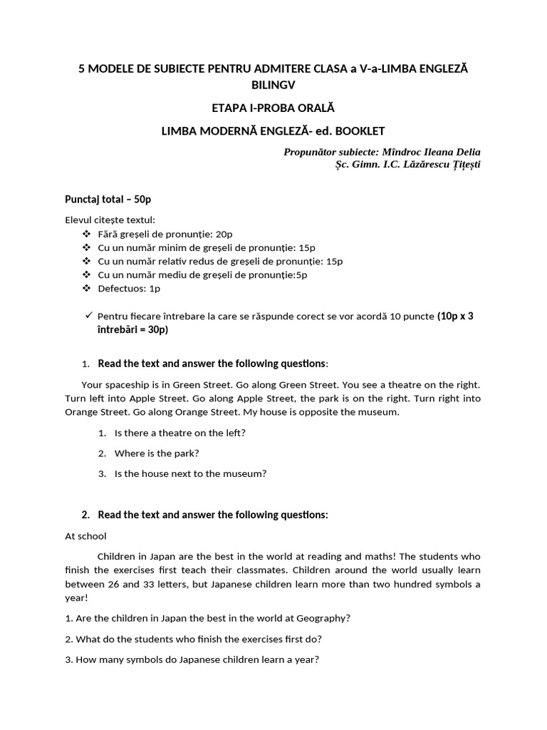 5 Modele de Subiecte Pentru Admitere Clasa A Va Proba Orala | PDF ...